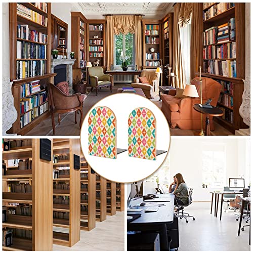 2 Pack Wood Bookends,Mid Century Starbursts On Diamond Decorative Book Ends Support for Shelves Desktop Organizer Wooden Bookshelf for Home School Office