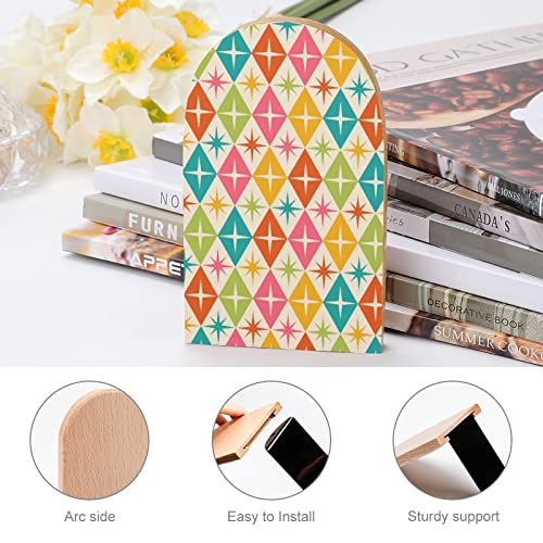 2 Pack Wood Bookends,Mid Century Starbursts On Diamond Decorative Book Ends Support for Shelves Desktop Organizer Wooden Bookshelf for Home School Office