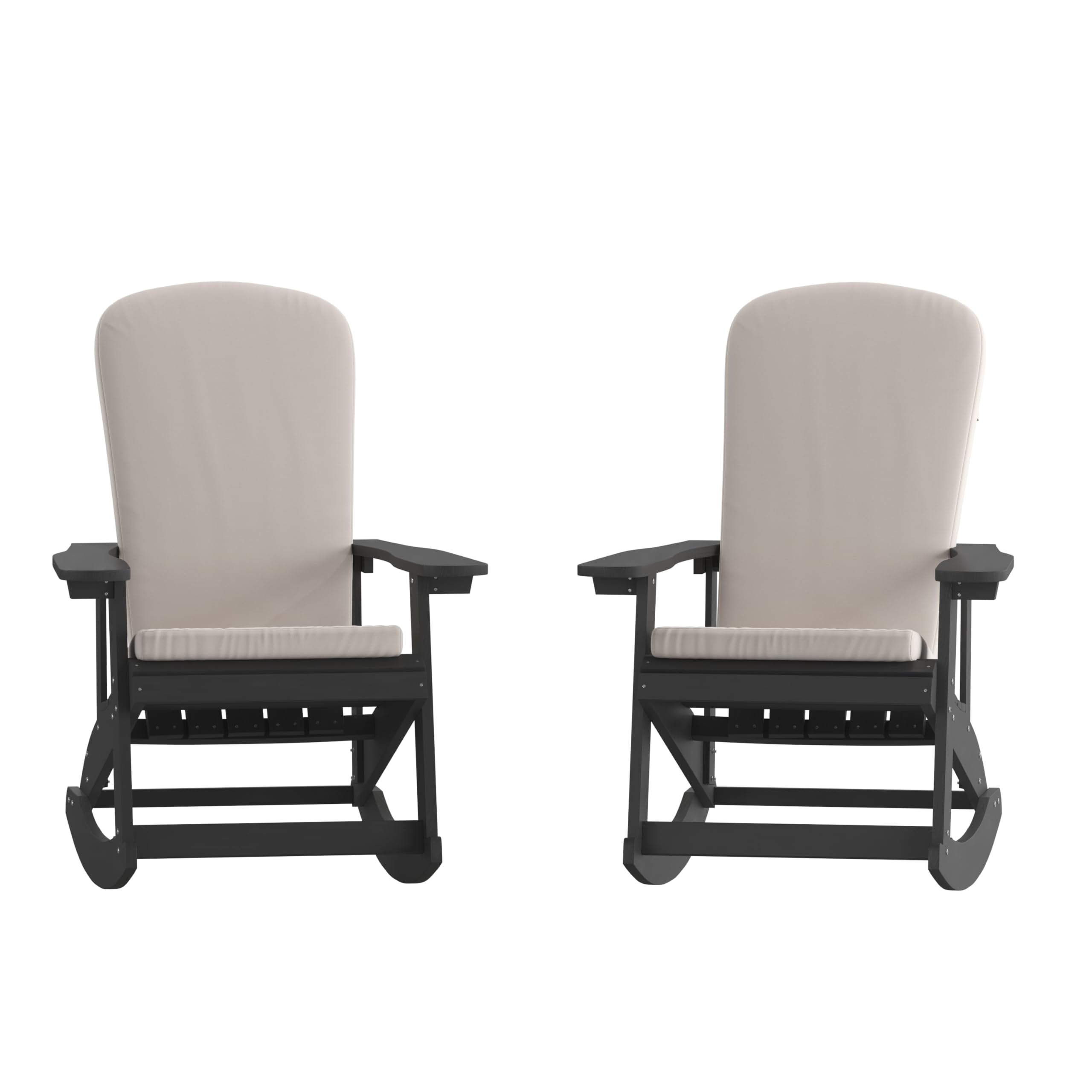Merrick Lane Atlantic Rocking Adirondack Chairs with Cushions - Black Polyresin Construction - Cream Comfort Foam Cushions - Classic Design - Set of 2