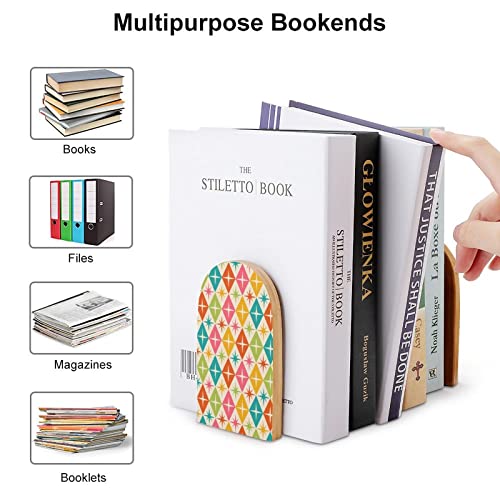 2 Pack Wood Bookends,Mid Century Starbursts On Diamond Decorative Book Ends Support for Shelves Desktop Organizer Wooden Bookshelf for Home School Office