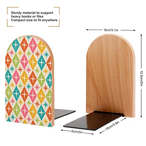 2 Pack Wood Bookends,Mid Century Starbursts On Diamond Decorative Book Ends Support for Shelves Desktop Organizer Wooden Bookshelf for Home School Office