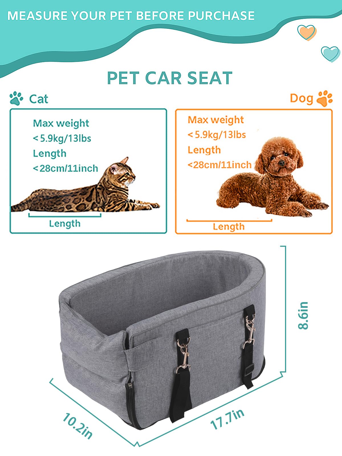 Prpeko Portable Dog & Cat Booster Seat - Center Console Car Armrest Seat for Puppy Under 13 lbs, Interactive Grey