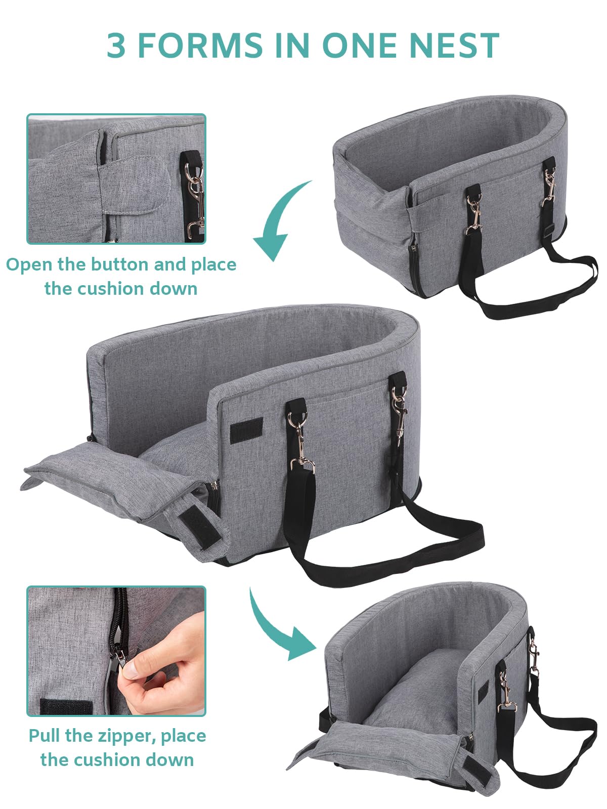 Prpeko Portable Dog & Cat Booster Seat - Center Console Car Armrest Seat for Puppy Under 13 lbs, Interactive Grey