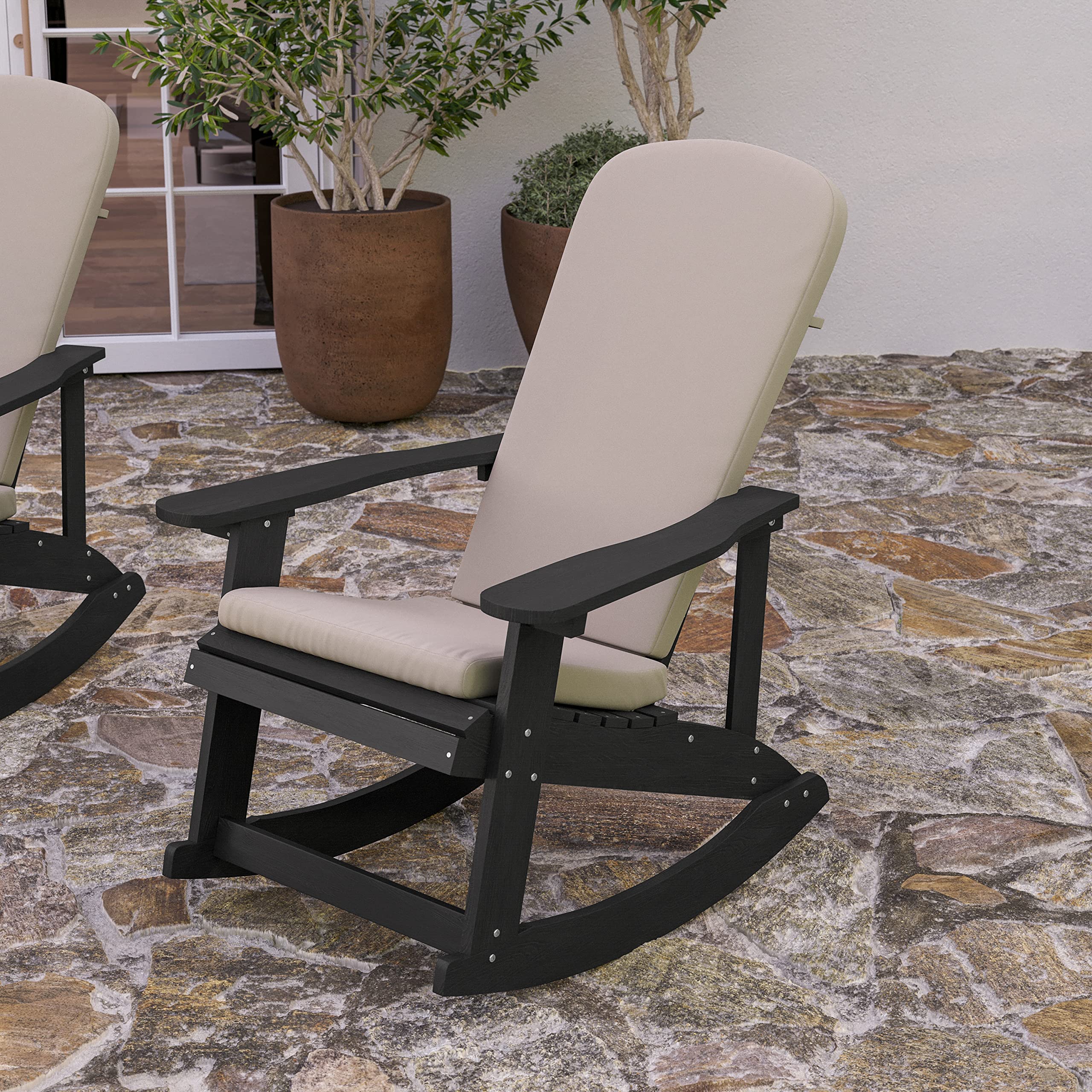Merrick Lane Atlantic Rocking Adirondack Chairs with Cushions - Black Polyresin Construction - Cream Comfort Foam Cushions - Classic Design - Set of 2