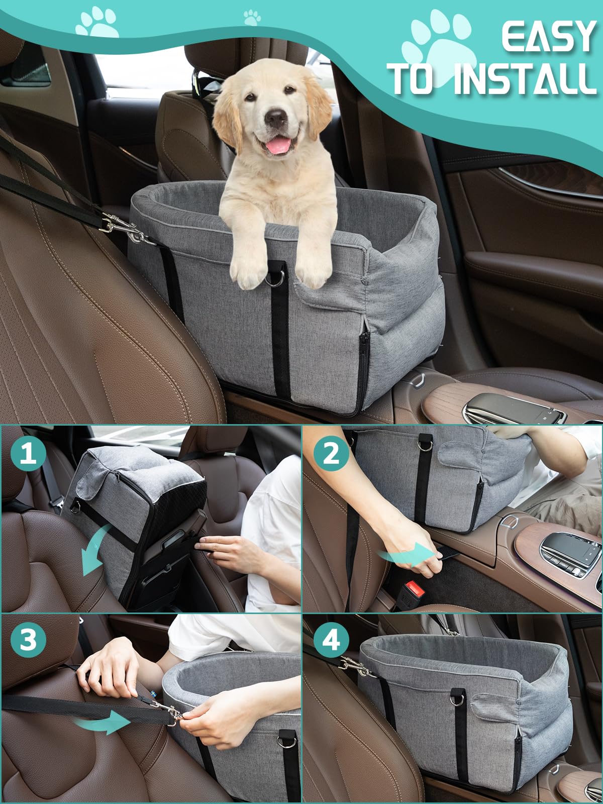 Prpeko Portable Dog & Cat Booster Seat - Center Console Car Armrest Seat for Puppy Under 13 lbs, Interactive Grey