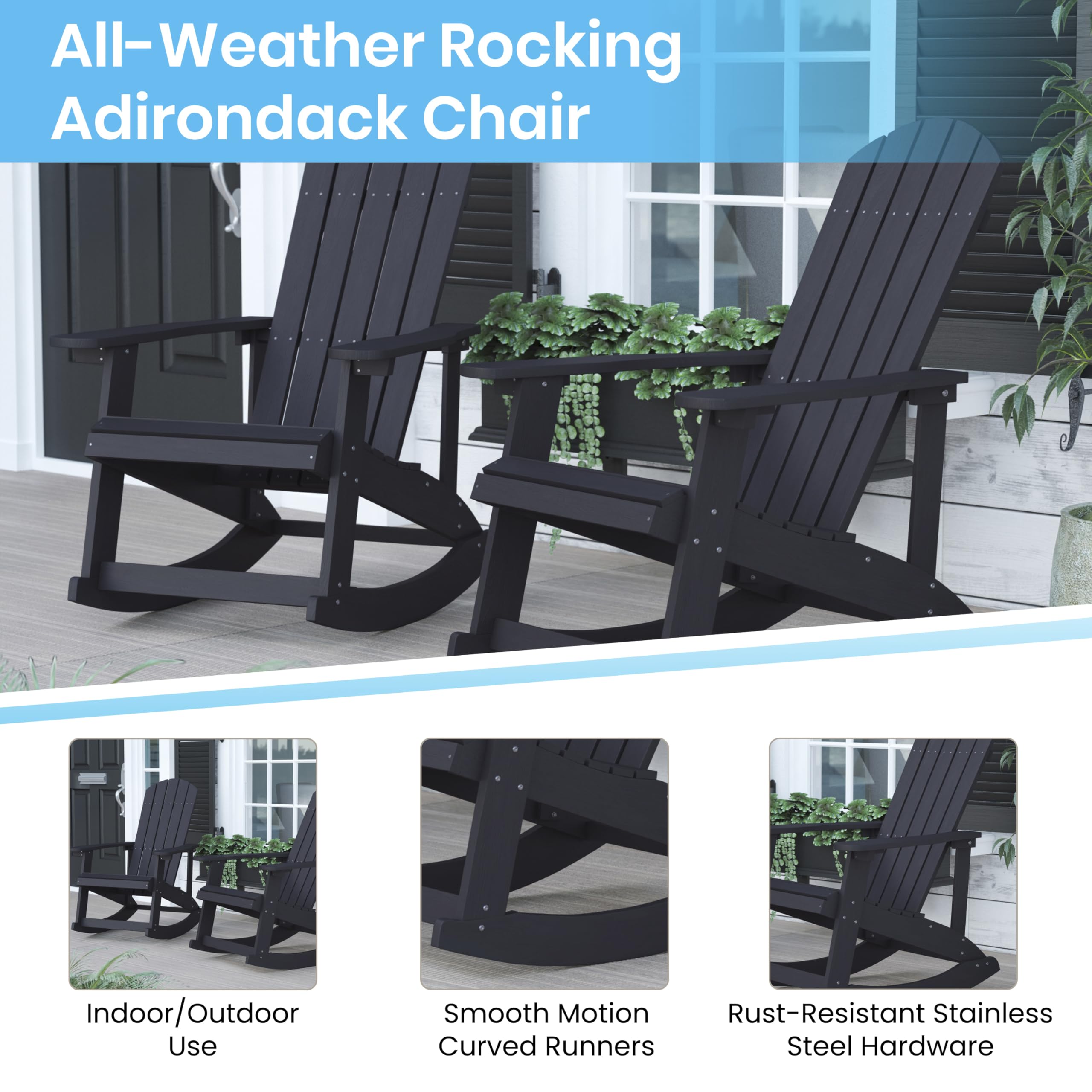 Merrick Lane Atlantic Rocking Adirondack Chairs with Cushions - Black Polyresin Construction - Cream Comfort Foam Cushions - Classic Design - Set of 2
