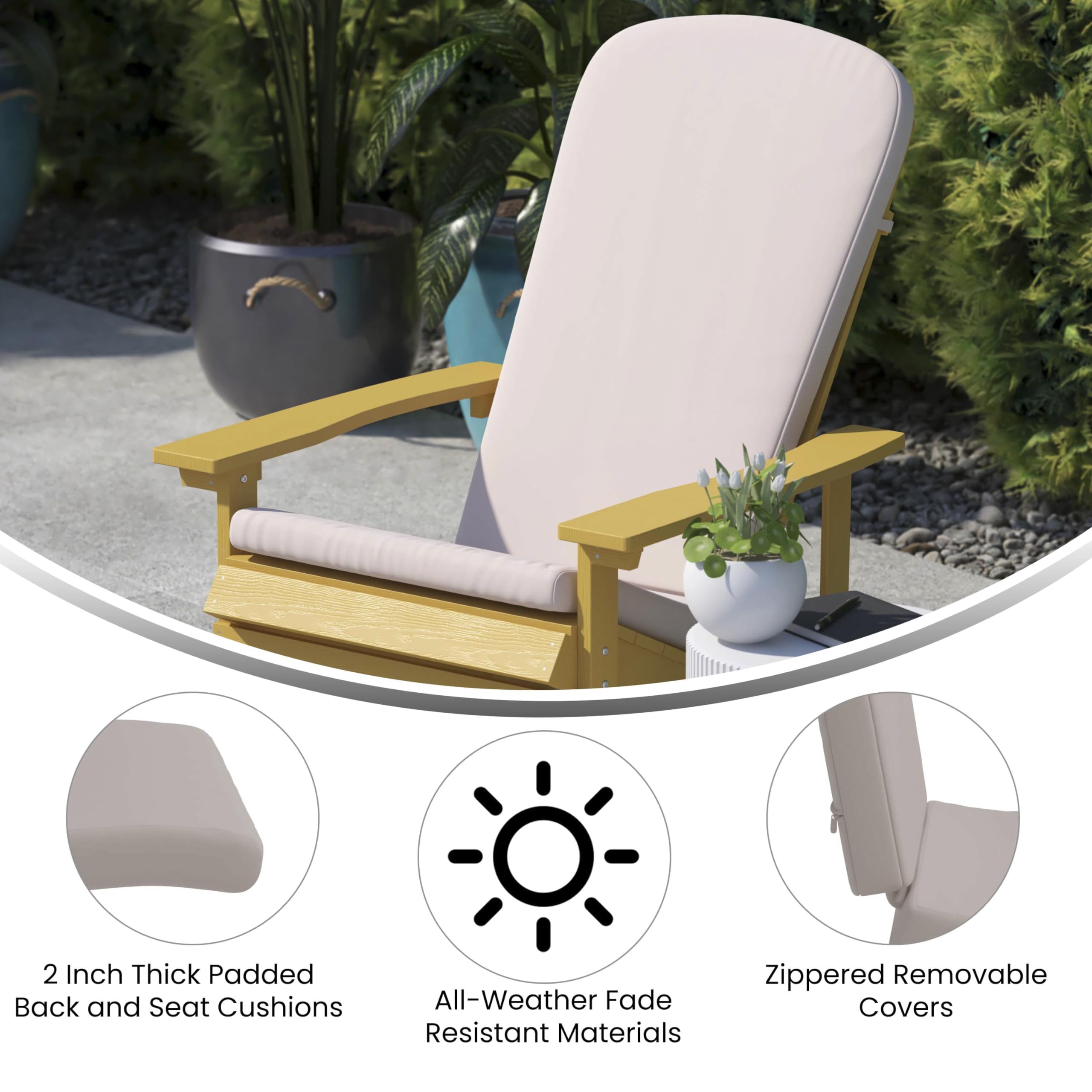 Merrick Lane Atlantic Rocking Adirondack Chairs with Cushions - Black Polyresin Construction - Cream Comfort Foam Cushions - Classic Design - Set of 2