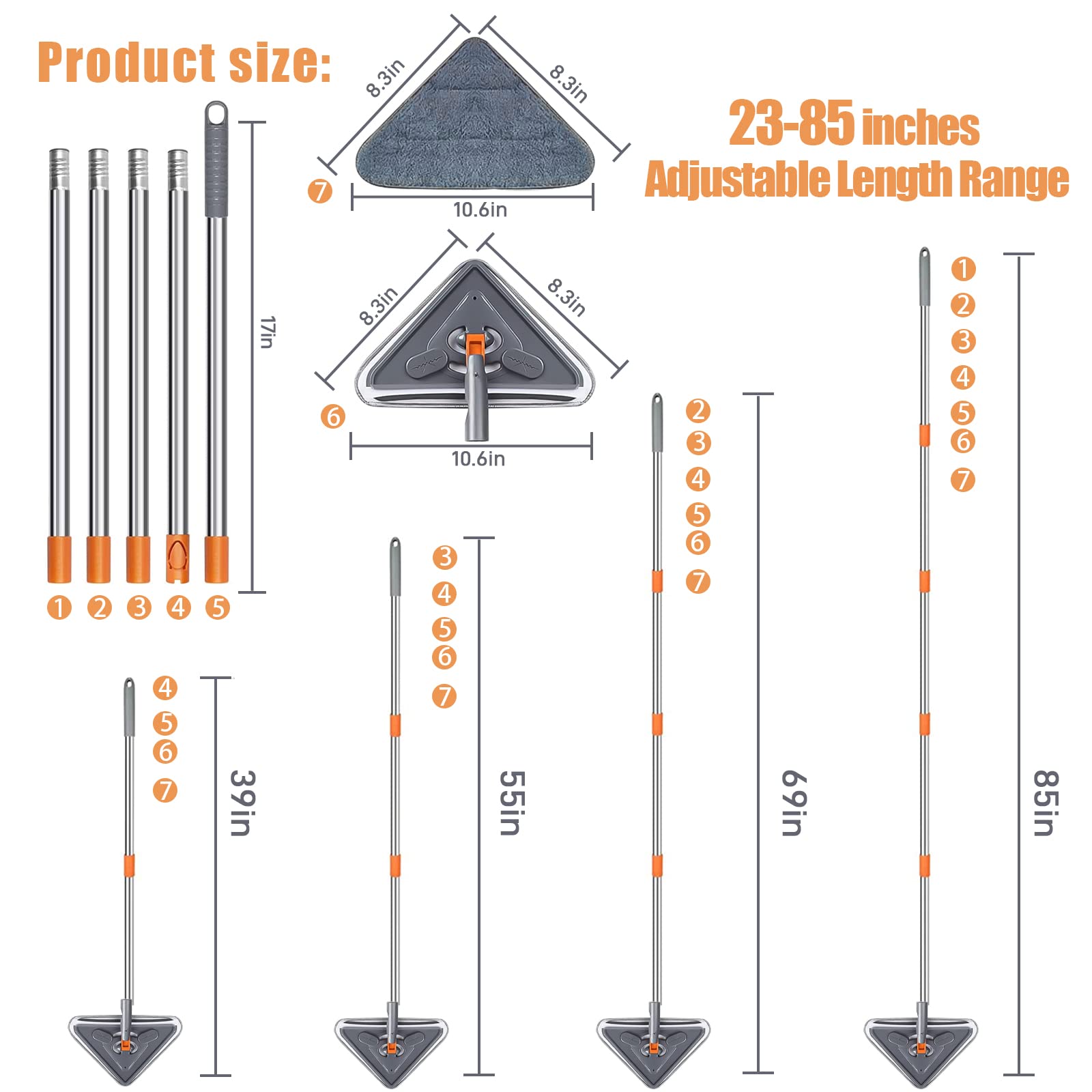 85Inch Wall Cleaner with Long Handle, Baseboard Wall Cleaner Mop 360° Rotatable Wall Washer Cleaner Tool with Adjustable Handle, Microfiber Dust Mop for Floor/Ceiling, Car Wash Brush with Long Handle