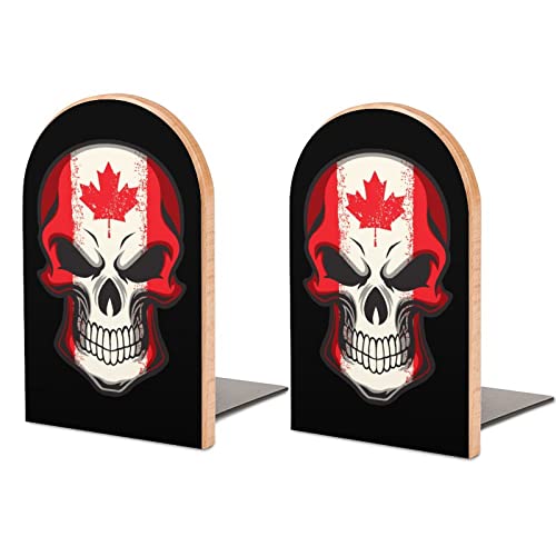 Canada Flag Skull Wood Book Ends for Shelves Non-Skid Bookend Book Stand Book Holder Stopper for Home Office School
