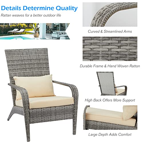 AECOJOY 2 Pieces Patio Adirondack Wicker Chair,PE Rattan Wicker Patio Dining Chair Set of 2, Grey Wicker Beige Cushion and Pillow for Garden, Backyard, Porch