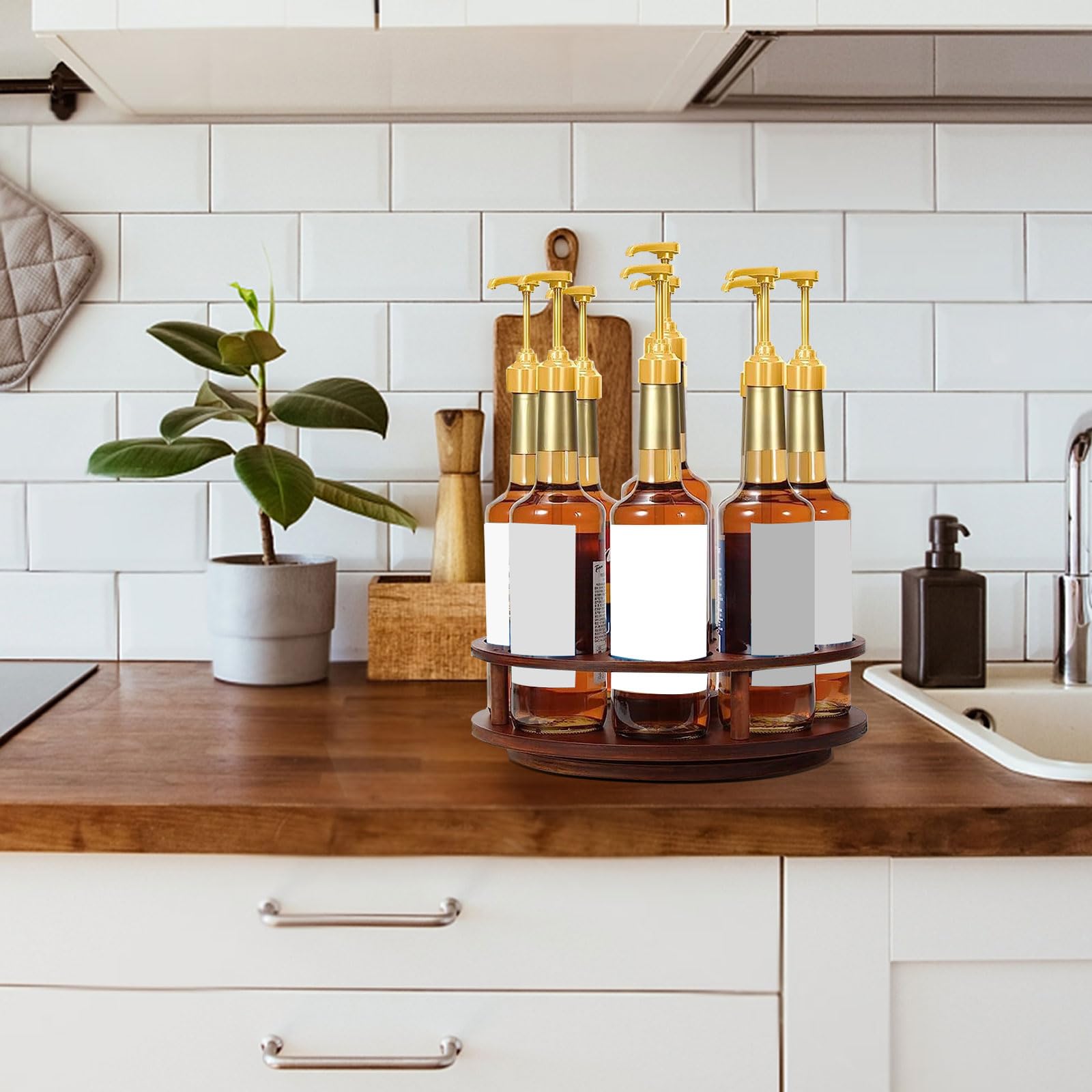 Coffee Station Organizer, Syrup Rack, Drink Bottles Organizer for Countertop, Brunch & Coffee Bar Essentials, 9 Bottles 25.4 Oz Rotating Holder