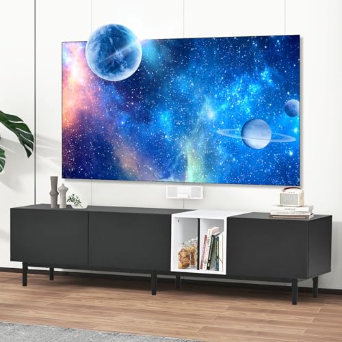 80 Inch TV Stand with Storage Cabinet and Open Shelves, Modern Black Media TV Console for TVs up to 80", Minimalist Wood Entertainment Center for Living Room, Bedroom
