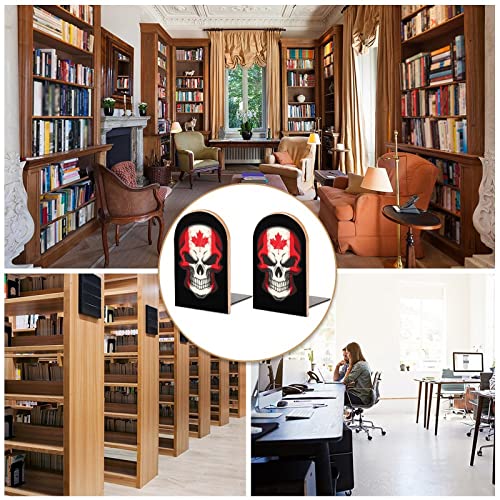 Canada Flag Skull Wood Book Ends for Shelves Non-Skid Bookend Book Stand Book Holder Stopper for Home Office School