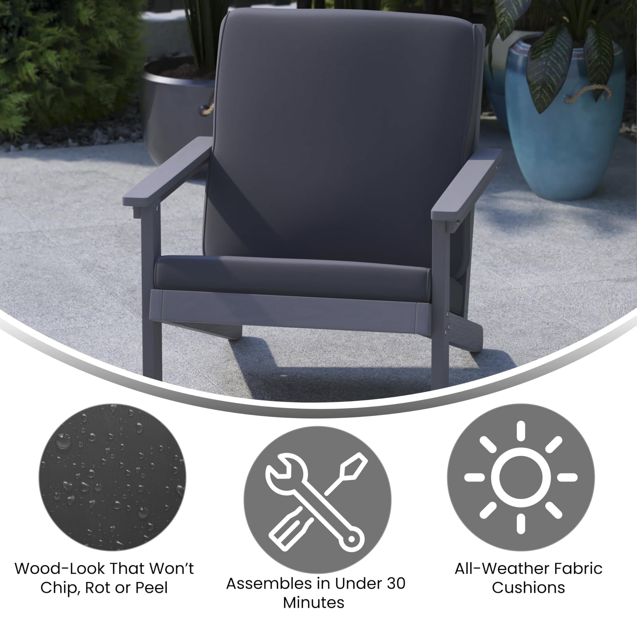 EMMA + OLIVER Hammond All-Weather Adirondack Style Chair - Gray Finish Polyresin Frame - Gray Cushions - Deep Seat - 300 lbs. Static Weight Per Seat