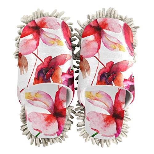 Watercolor Red Flowers Mop Slippers Shoes Cover for Floor Cleaning Washable Dirty Dust Hair Cleaners Microfiber Mop Socks for Kitchen Office House