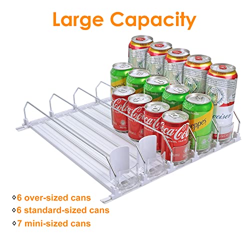 BUDO Drink Dispenser for Fridge, Self-Pushing Adjustable Width Beverage Water Beer Storage Holder for Kitchen Pantry, Holds up to 30 Cans (White, 16.4inch)