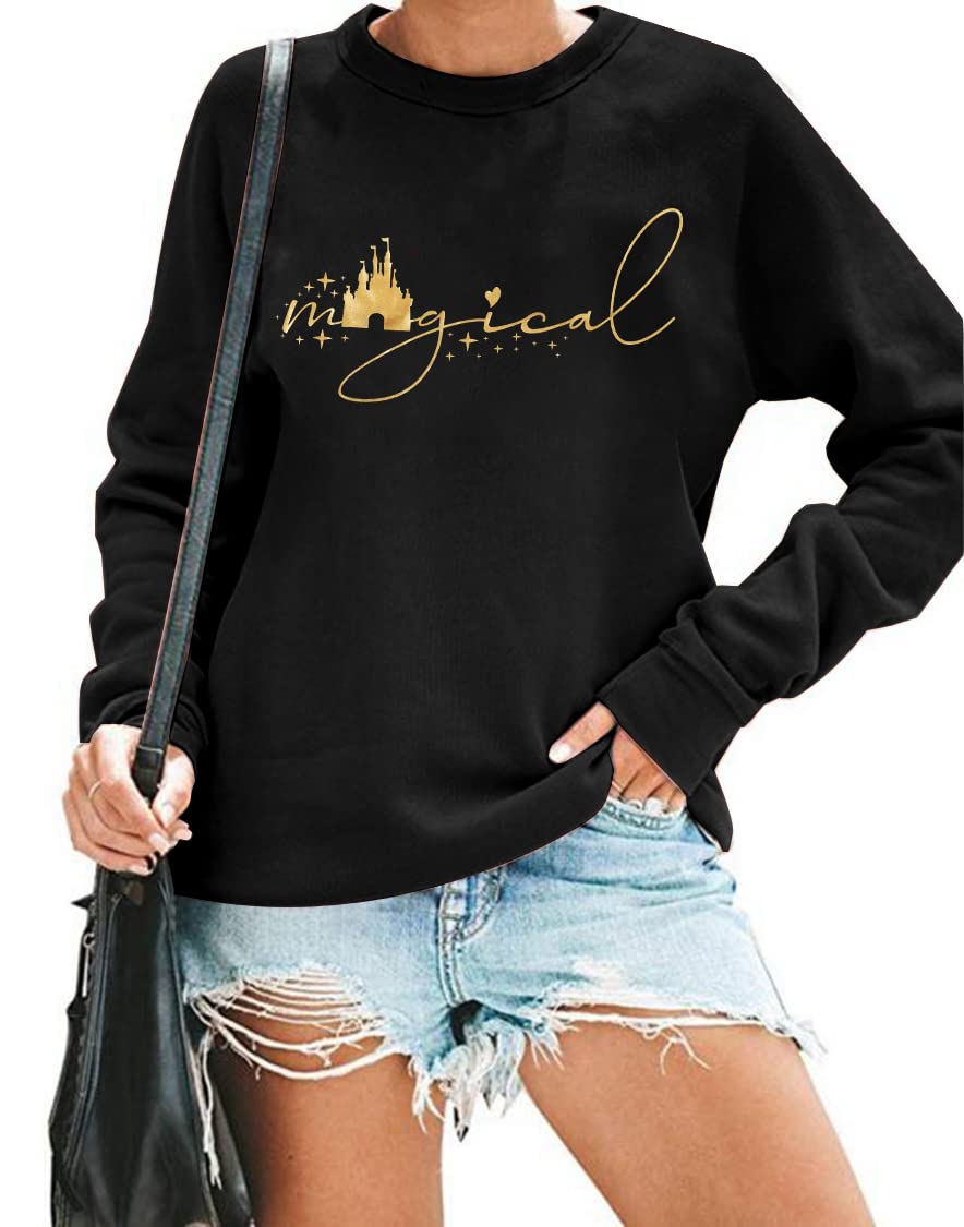 UNIQUENOE Magic Kingdom Sweatshirts for Women Magical Tshirt Family Vacation Tee Castle Graphic Long Sleeve Tops Black
