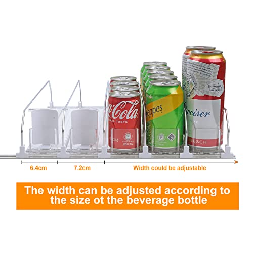 BUDO Drink Dispenser for Fridge, Self-Pushing Adjustable Width Beverage Water Beer Storage Holder for Kitchen Pantry, Holds up to 30 Cans (White, 16.4inch)