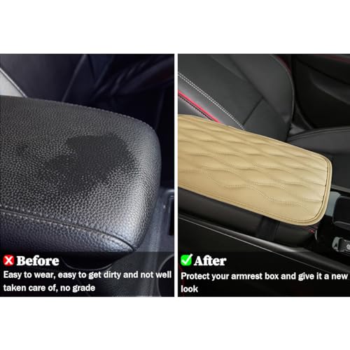 Osilly Car Center Console Cover, PU Leather Waterproof Armrest Storage Box Mat, Soft Non-Slip Auto Armrest Seat Box Protector, Car Interior Accessories for Most Vehicle, SUV, Truck (Beige)