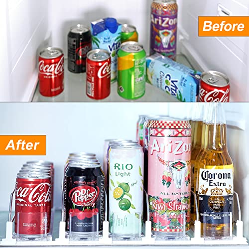 BUDO Drink Dispenser for Fridge, Self-Pushing Adjustable Width Beverage Water Beer Storage Holder for Kitchen Pantry, Holds up to 30 Cans (White, 16.4inch)