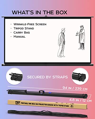 Projector Screen with Stand 100 inch - Indoor and Outdoor Projection Screen for Movie or Office Presentation - 16:9 HD Premium Wrinkle-Free Tripod Screen for Projector with Carry Bag and Tight Straps