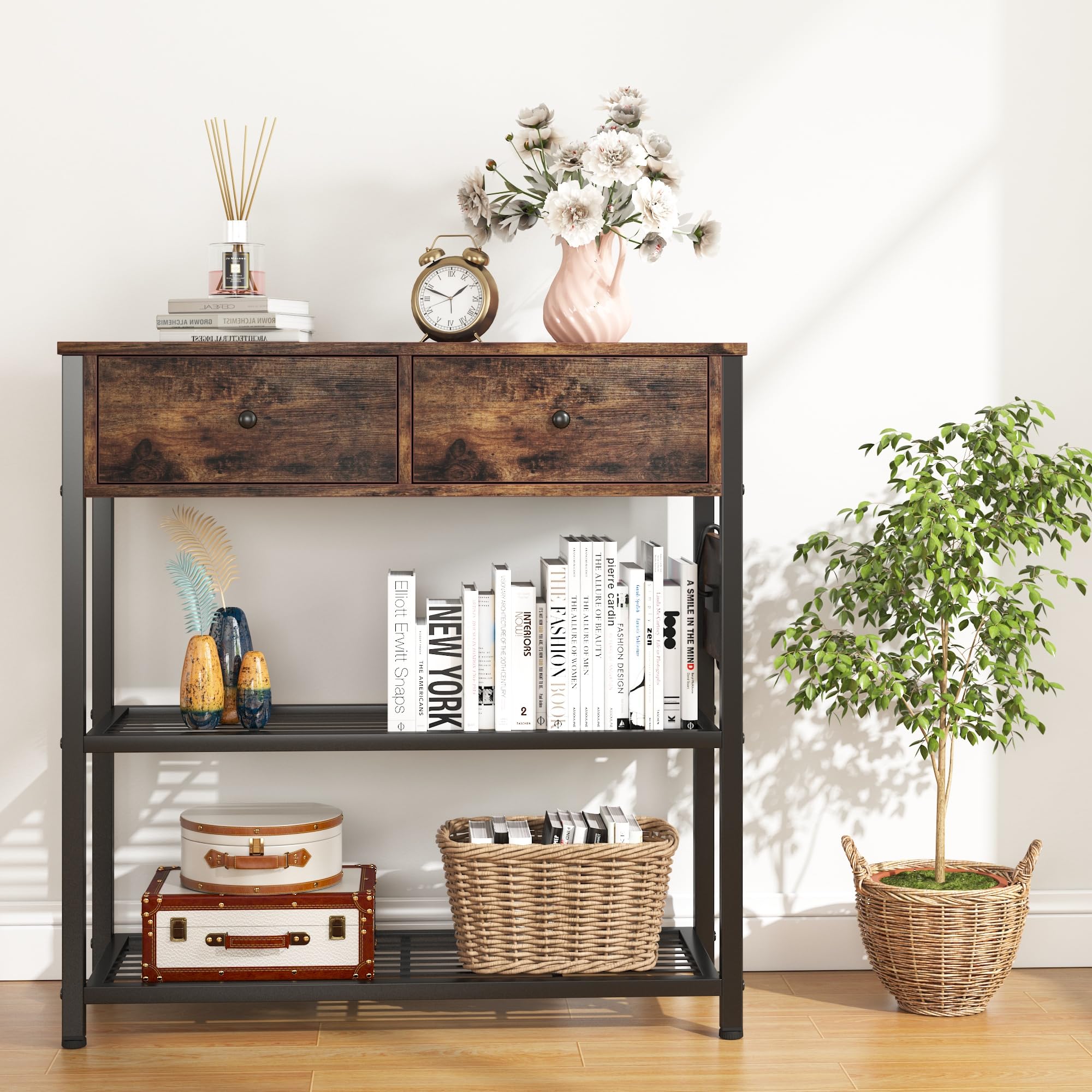 Rustic Industrial Console Table, Sofa Table ,Narrow Side Table with 2 Fabric Drawers, Small Entrance Table with 3 Storage Shelves, Side Table for Living Room, Hallway(31.5,Brown and Black)