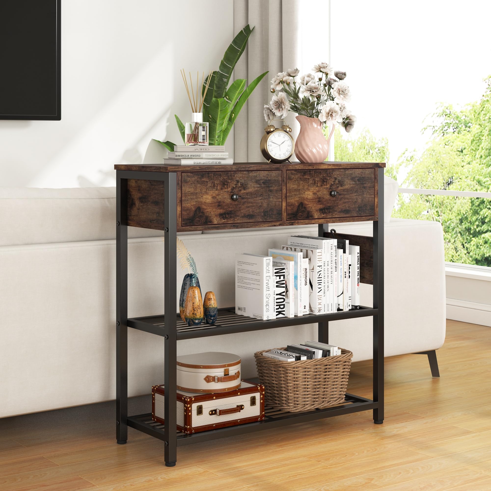Rustic Industrial Console Table, Sofa Table ,Narrow Side Table with 2 Fabric Drawers, Small Entrance Table with 3 Storage Shelves, Side Table for Living Room, Hallway(31.5,Brown and Black)