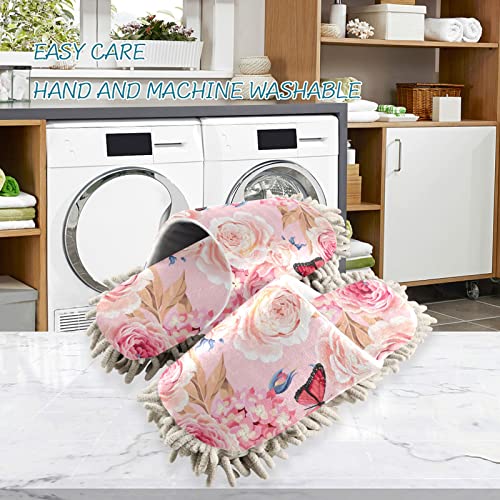 Roses Hydrangea Flower Mop Slippers Shoes Cover for Floor Cleaning Washable Dirty Dust Hair Cleaners Microfiber Mop Socks for Kitchen House Office