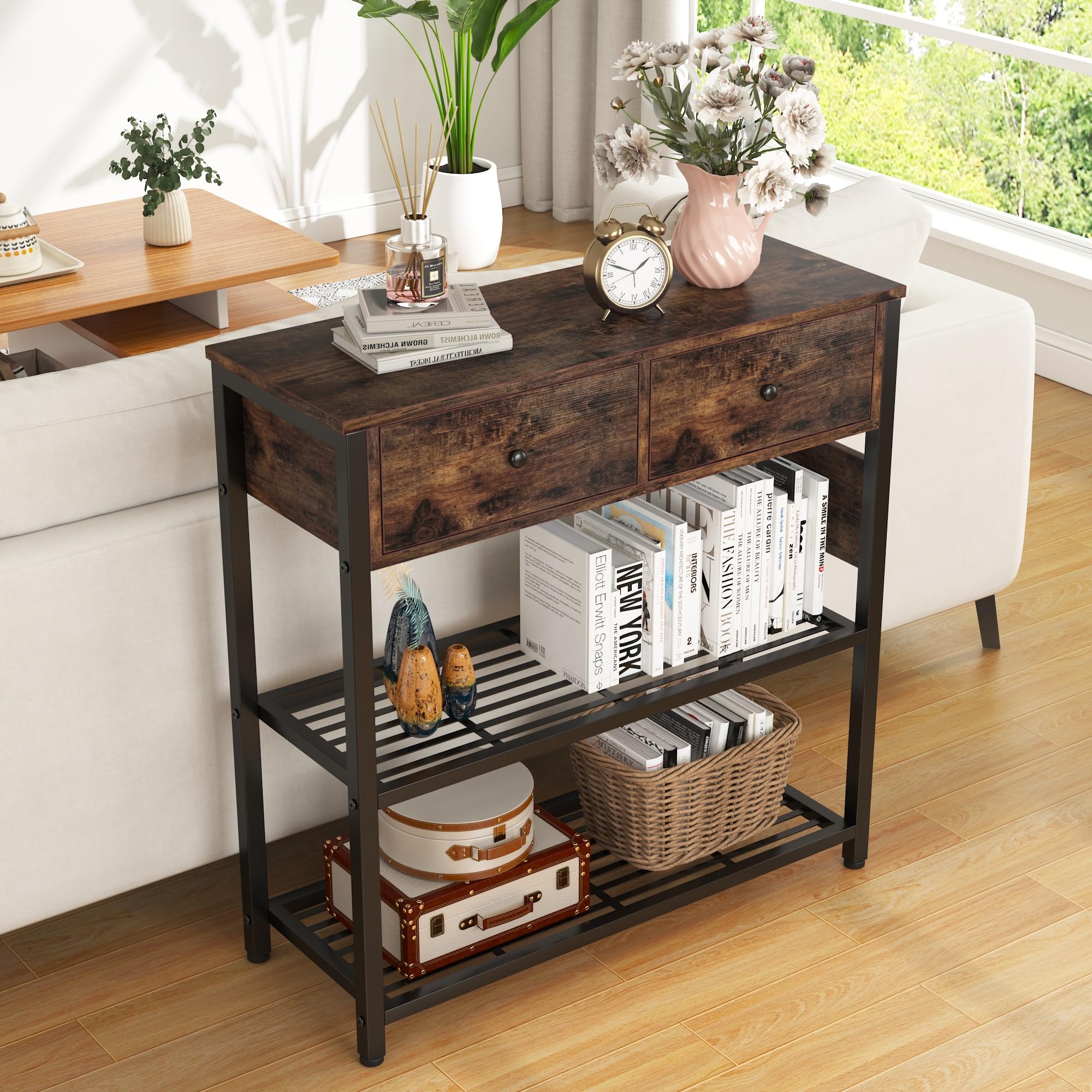 Rustic Industrial Console Table, Sofa Table ,Narrow Side Table with 2 Fabric Drawers, Small Entrance Table with 3 Storage Shelves, Side Table for Living Room, Hallway(31.5,Brown and Black)