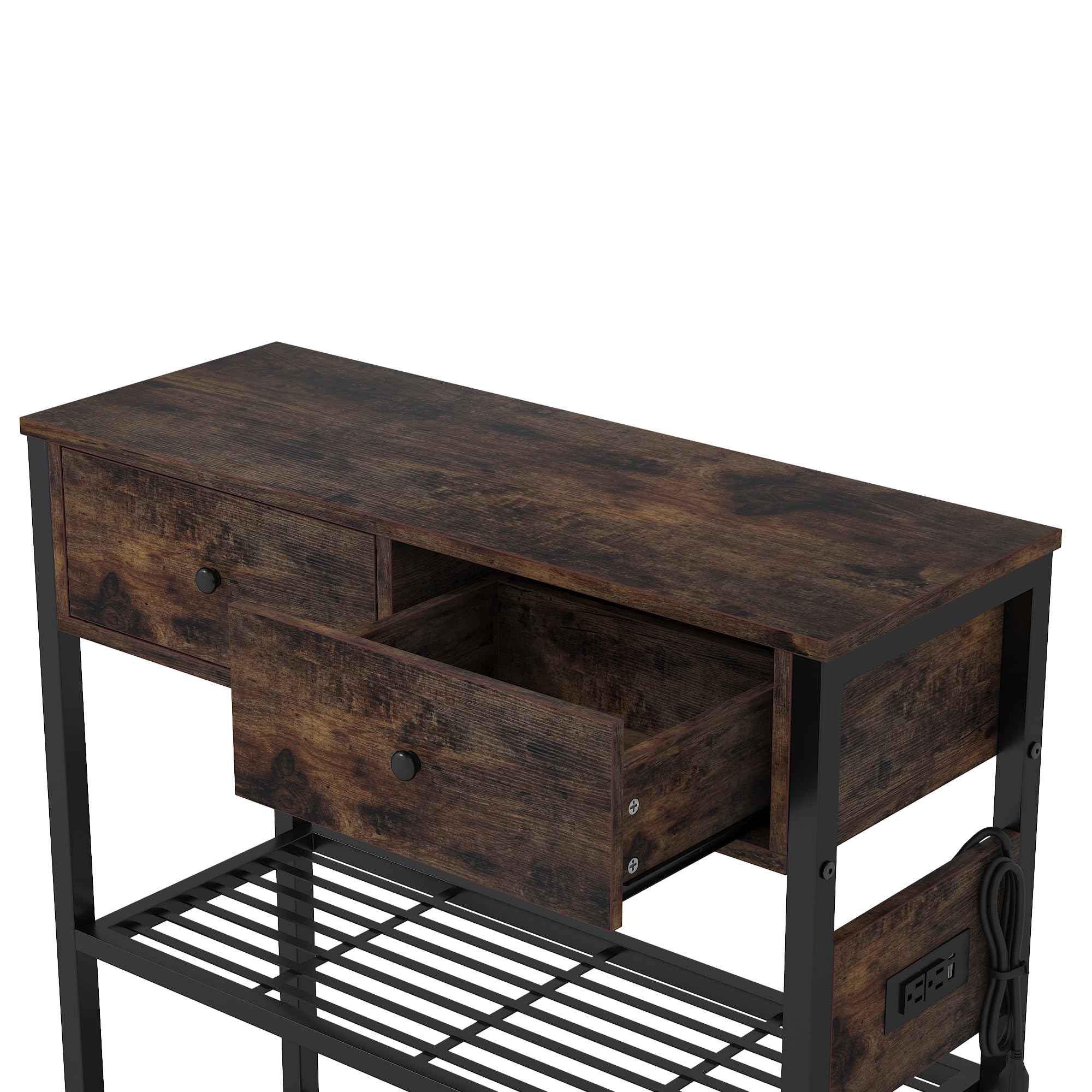 Rustic Industrial Console Table, Sofa Table ,Narrow Side Table with 2 Fabric Drawers, Small Entrance Table with 3 Storage Shelves, Side Table for Living Room, Hallway(31.5,Brown and Black)