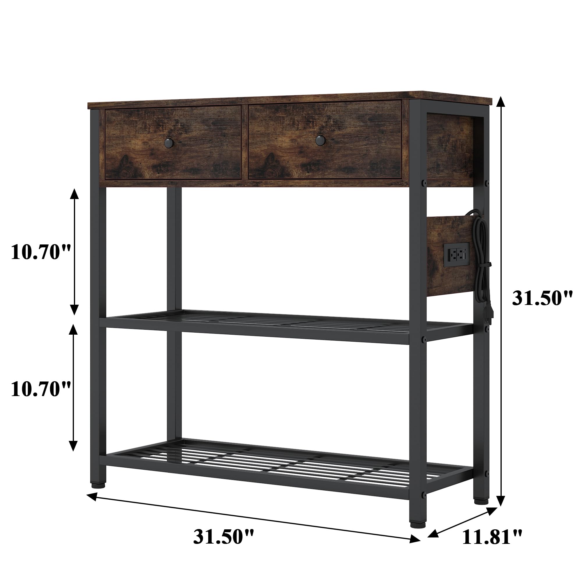 Rustic Industrial Console Table, Sofa Table ,Narrow Side Table with 2 Fabric Drawers, Small Entrance Table with 3 Storage Shelves, Side Table for Living Room, Hallway(31.5,Brown and Black)