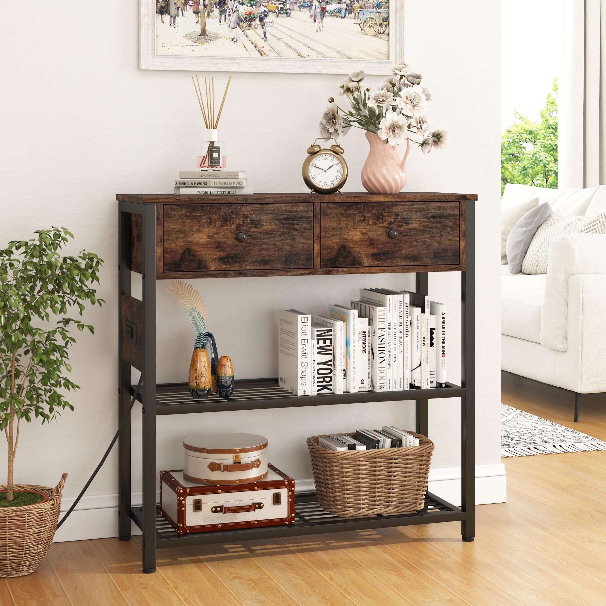 Rustic Industrial Console Table, Sofa Table ,Narrow Side Table with 2 Fabric Drawers, Small Entrance Table with 3 Storage Shelves, Side Table for Living Room, Hallway(31.5,Brown and Black)
