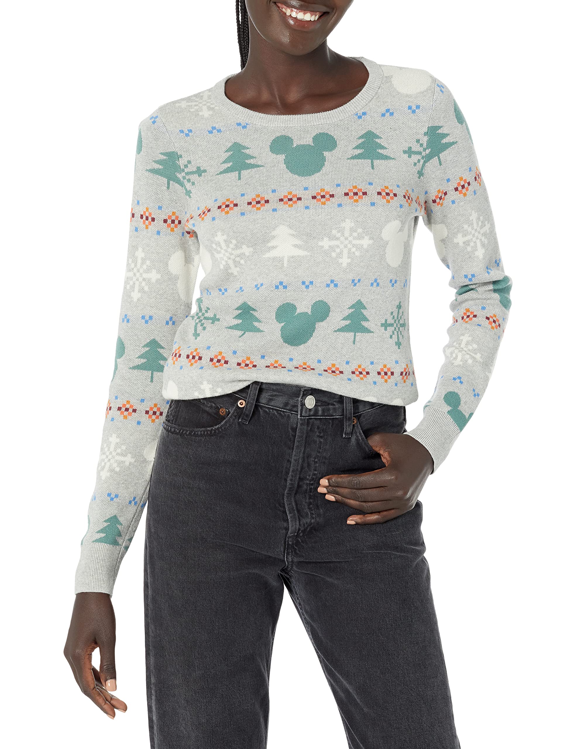 Amazon Essentials Disney | Marvel | Star Wars Women's Lightweight Crewneck Sweaters, Mickey Fair Isle - Womens, Large