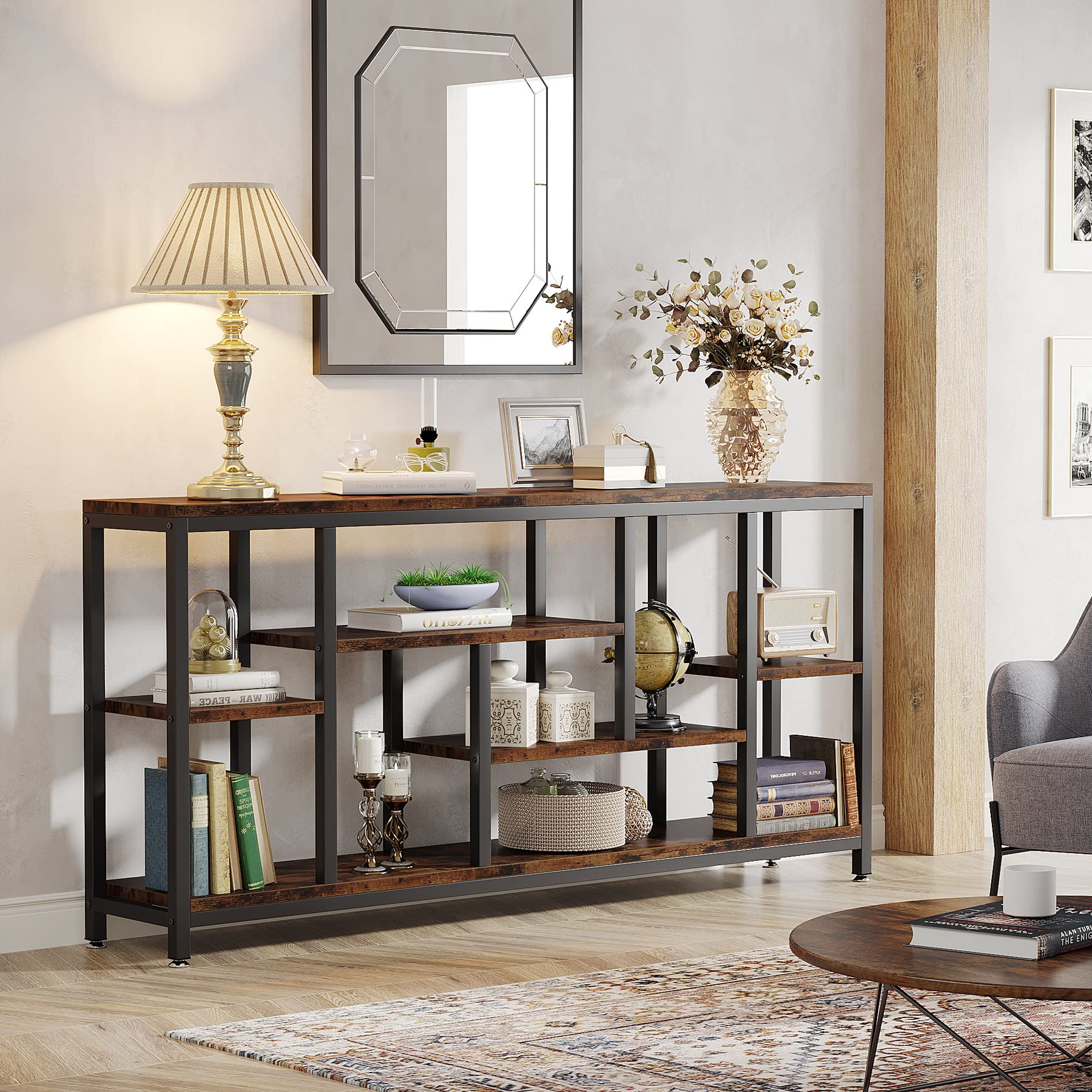 LITTLE TREE 70.9 inch Extra Long Console Sofa Table Behind Couch 3-Tier Industrial Narrow Entryway Hallway Accent Table for Living Room, Rustic Brown