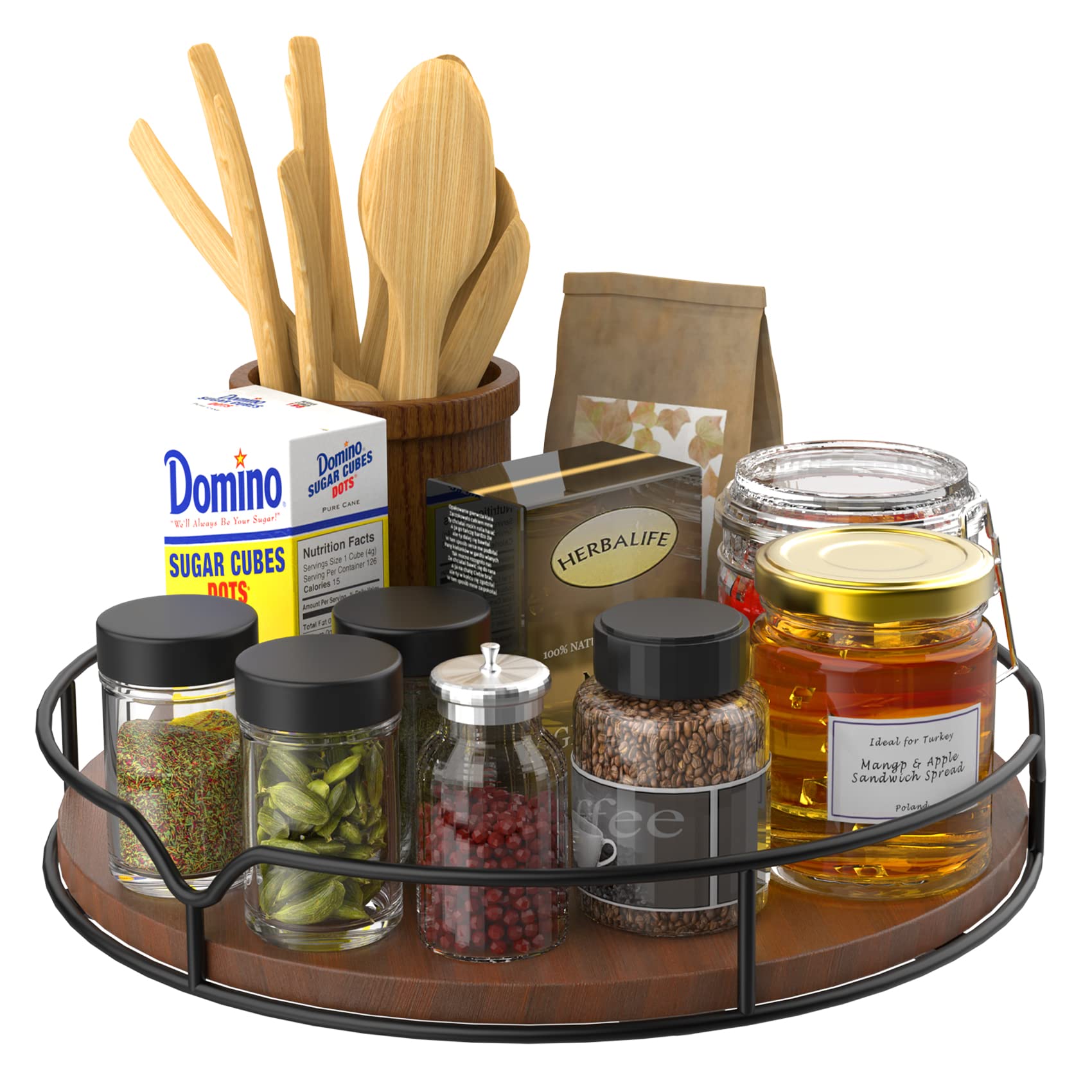 Lazy Susan Turntable Organizer with Anti-slip Mat for Cabinet Pantry Kitchen Countertop Refrigerator Office, Pine Wood, 10", Brown