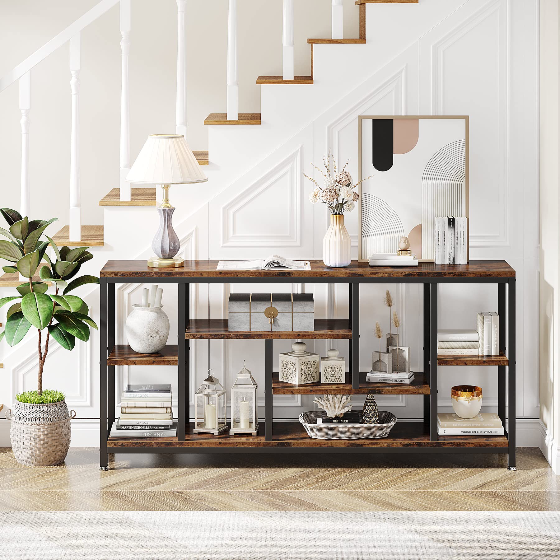 LITTLE TREE 70.9 inch Extra Long Console Sofa Table Behind Couch 3-Tier Industrial Narrow Entryway Hallway Accent Table for Living Room, Rustic Brown