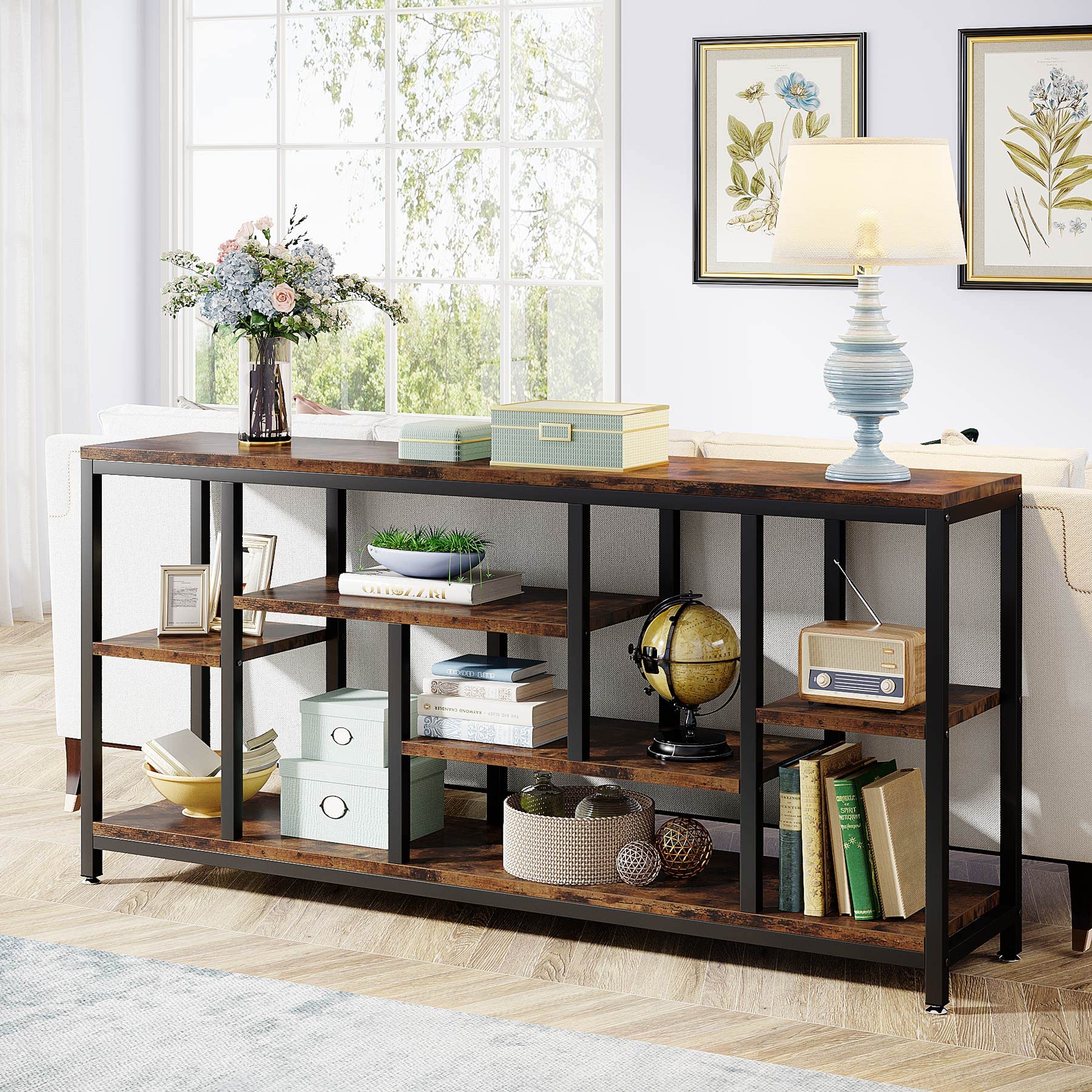LITTLE TREE 70.9 inch Extra Long Console Sofa Table Behind Couch 3-Tier Industrial Narrow Entryway Hallway Accent Table for Living Room, Rustic Brown