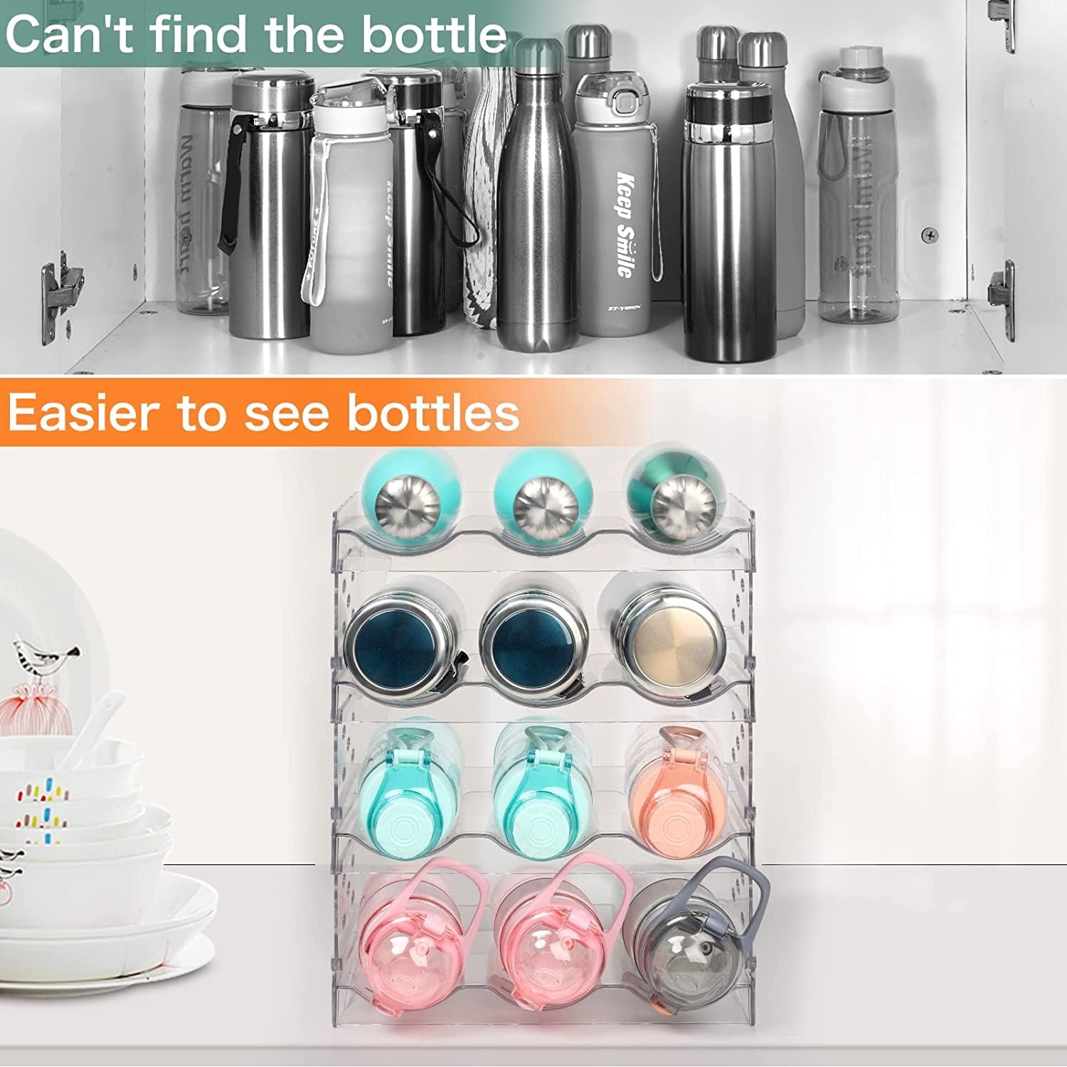 Water Bottle Organizer - 2 Pack Stackable Cup Organizer for Cabinet, Countertop, Pantry and Fridge, Free-Standing Tumbler Kitchen Storage Holder for Wine and Drink Bottles, Clear Plastic