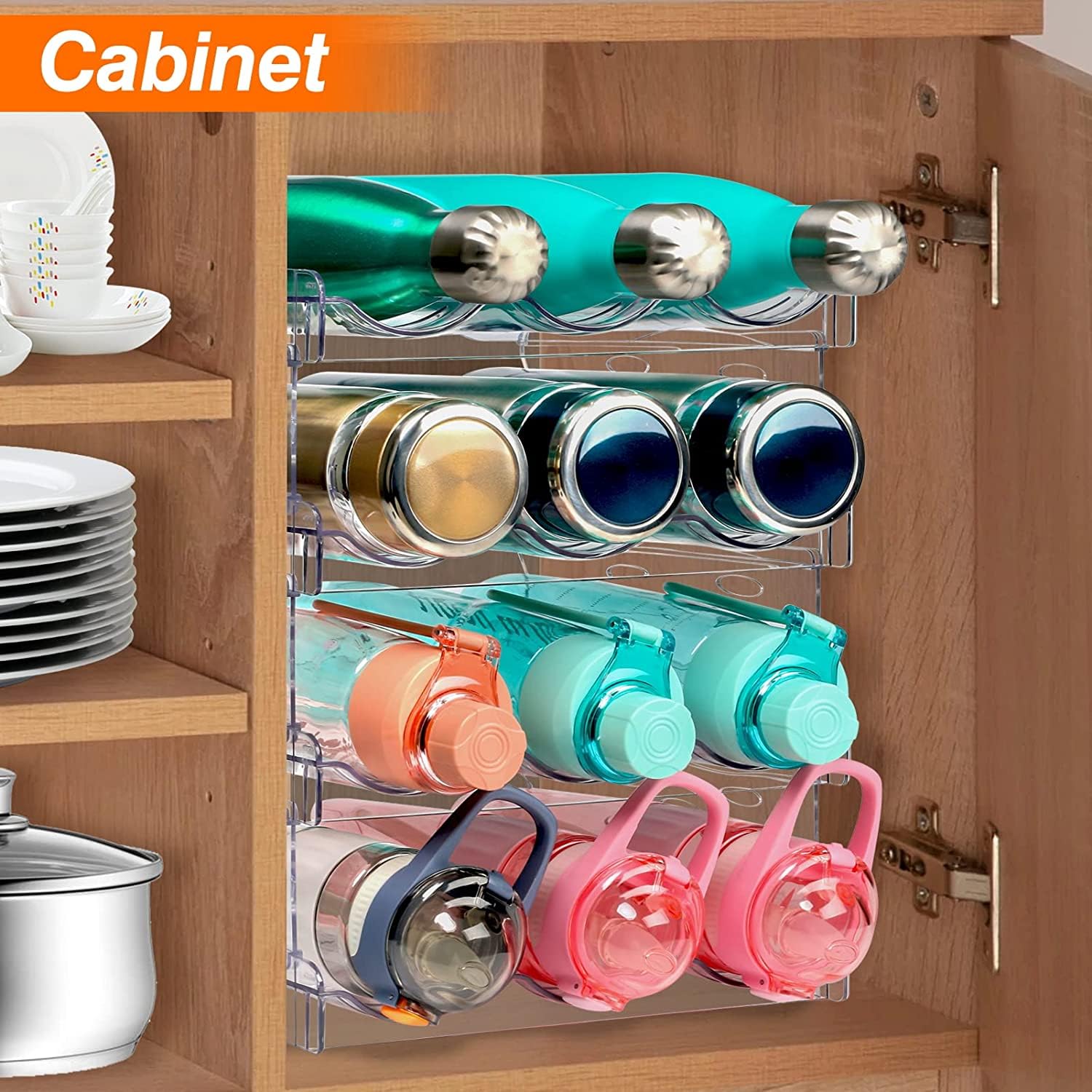 Water Bottle Organizer - 2 Pack Stackable Cup Organizer for Cabinet, Countertop, Pantry and Fridge, Free-Standing Tumbler Kitchen Storage Holder for Wine and Drink Bottles, Clear Plastic