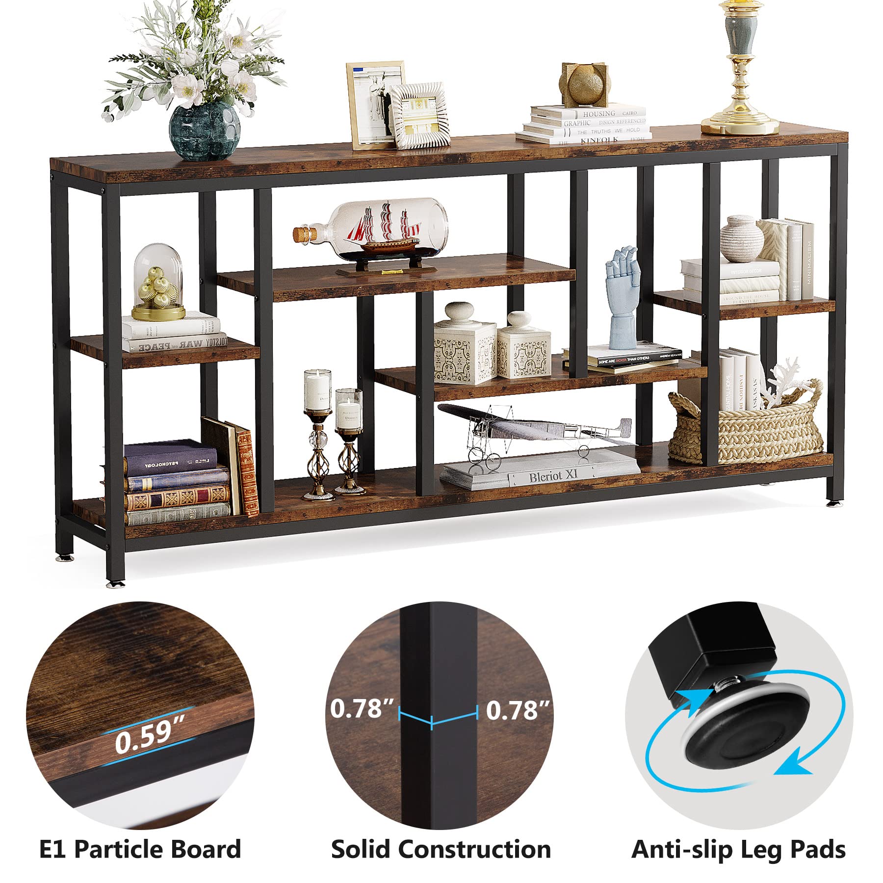 LITTLE TREE 70.9 inch Extra Long Console Sofa Table Behind Couch 3-Tier Industrial Narrow Entryway Hallway Accent Table for Living Room, Rustic Brown