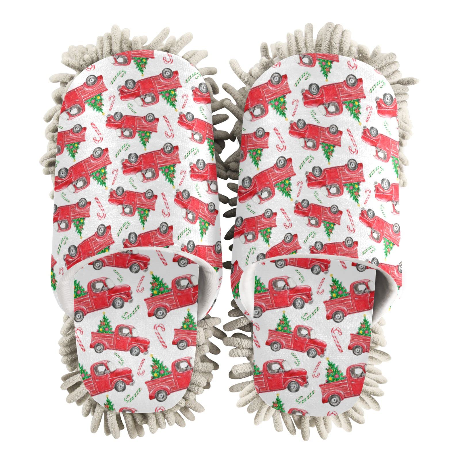 Festive Christmas Red Truck Vintage Car Winter Holiday Mop Slippers Shoes Cover for Floor Cleaning Washable Hair Dust Dirty Cleaners Microfiber Mop Socks for House Office Kitchen