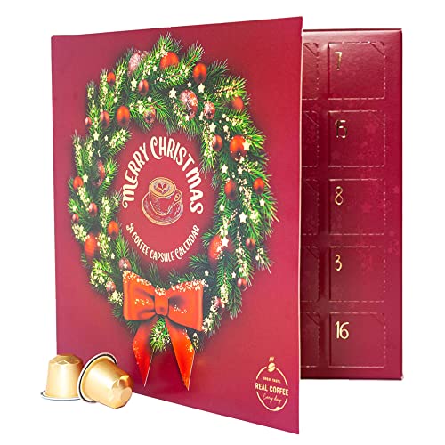 Christmas Advent Calendar with 24 Nespresso Compatible Pods from Real Coffee. Recyclable Original Line Aluminium Capsules. One Capsule for Each Day. Explore 11 Delicious Varieties. Red Edition