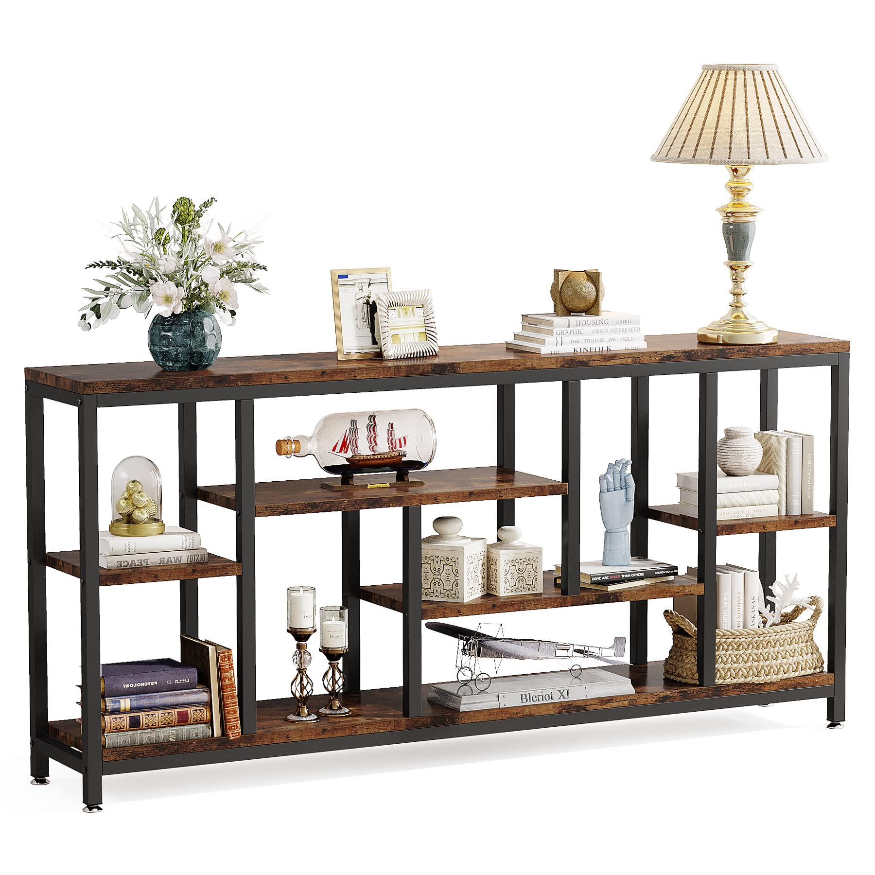 LITTLE TREE 70.9 inch Extra Long Console Sofa Table Behind Couch 3-Tier Industrial Narrow Entryway Hallway Accent Table for Living Room, Rustic Brown