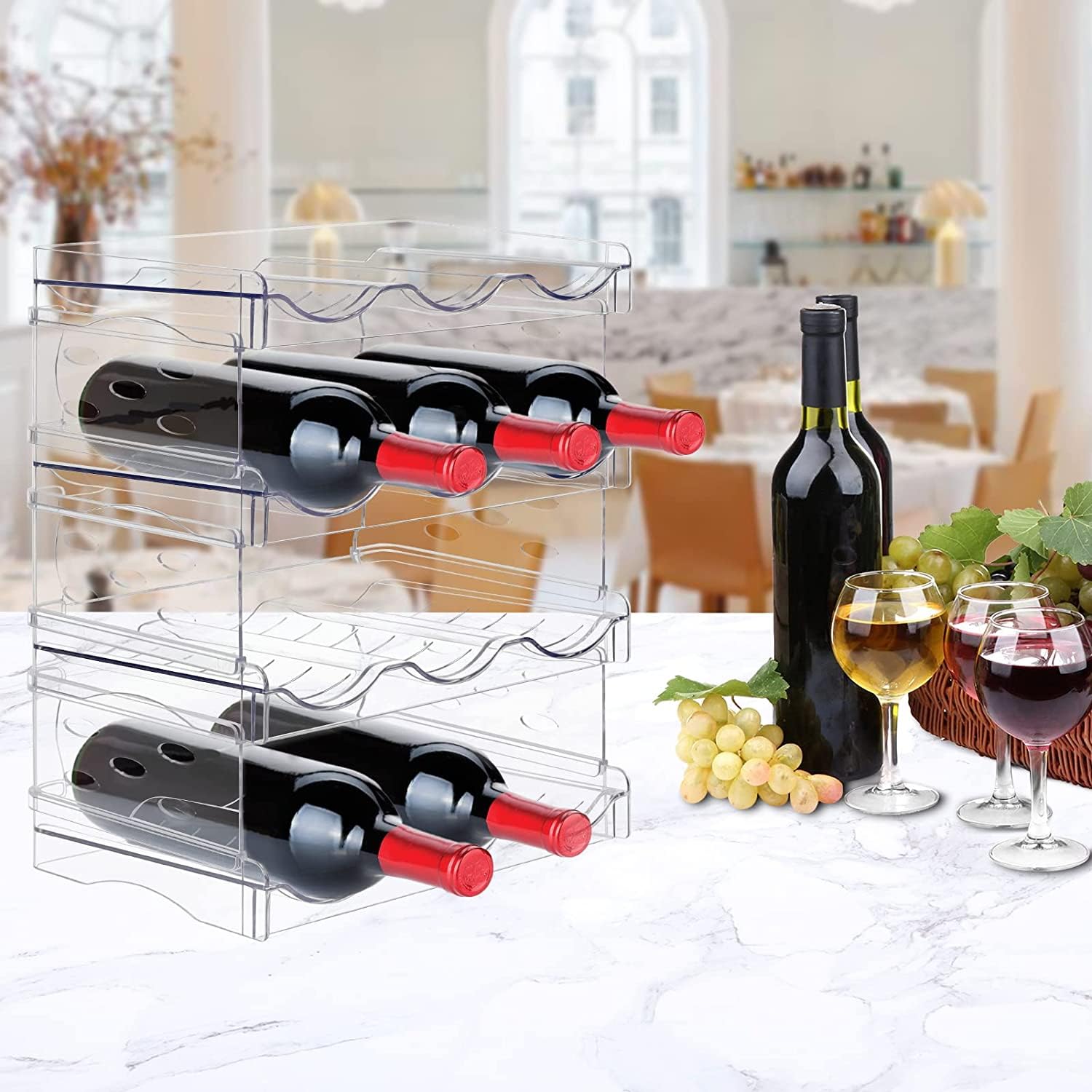 Water Bottle Organizer - 2 Pack Stackable Cup Organizer for Cabinet, Countertop, Pantry and Fridge, Free-Standing Tumbler Kitchen Storage Holder for Wine and Drink Bottles, Clear Plastic