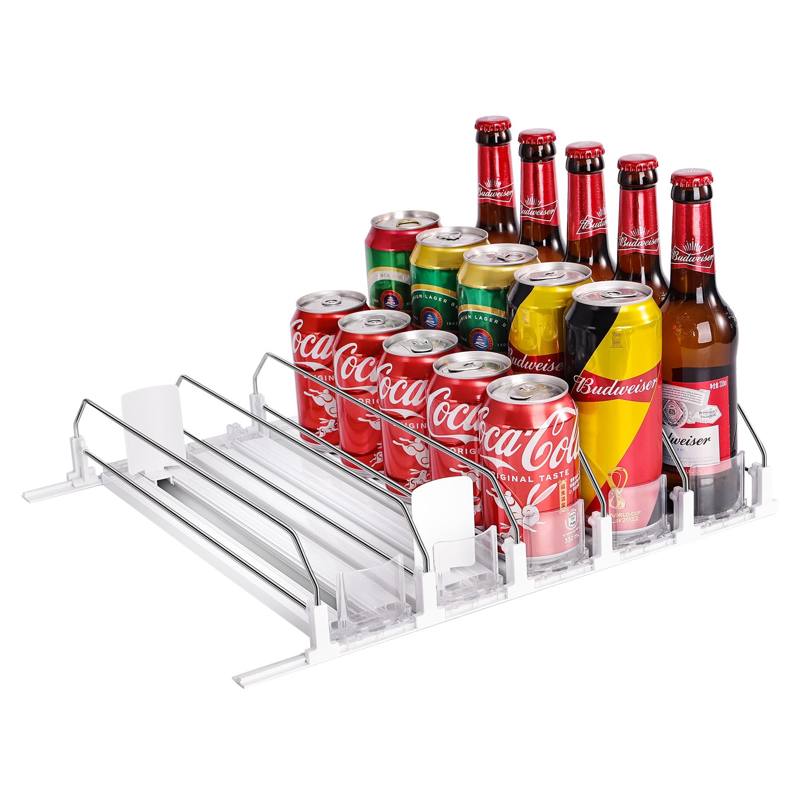 Upgrade Drink Organizer for Fridge, LAKIX Self-Sliding soda Can Dispenser for Refrigerator and Adjustable Width, 12oz to 20oz holds 50+ Cans (White + Black)