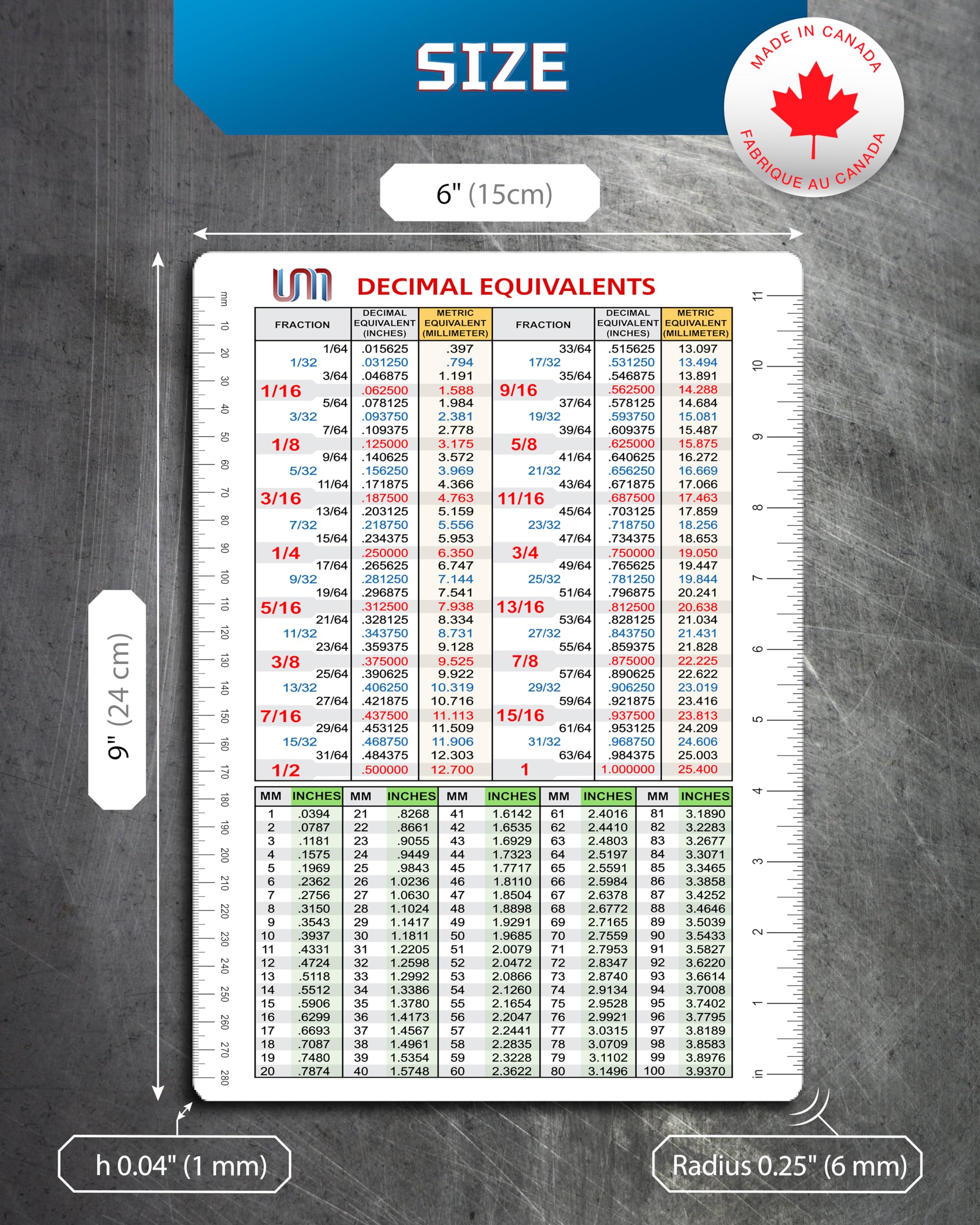 Useful Magnets 6 x 9 Decimal Equivalent Chart Flexible Magnet, Fractions - Decimals - Millimeters Conversion Chart with Inch and Metric Rulers