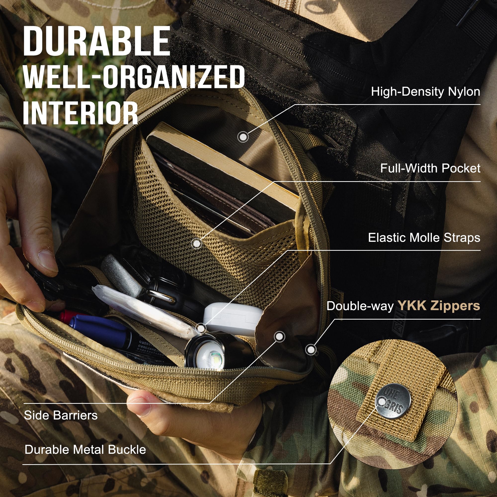 OneTigris Molle Pouch, Tactical Admin Pouch Belt EDC Tool Organizer Zippered Utility Waist Pack 7.5"x5"x2"(Camocolor)