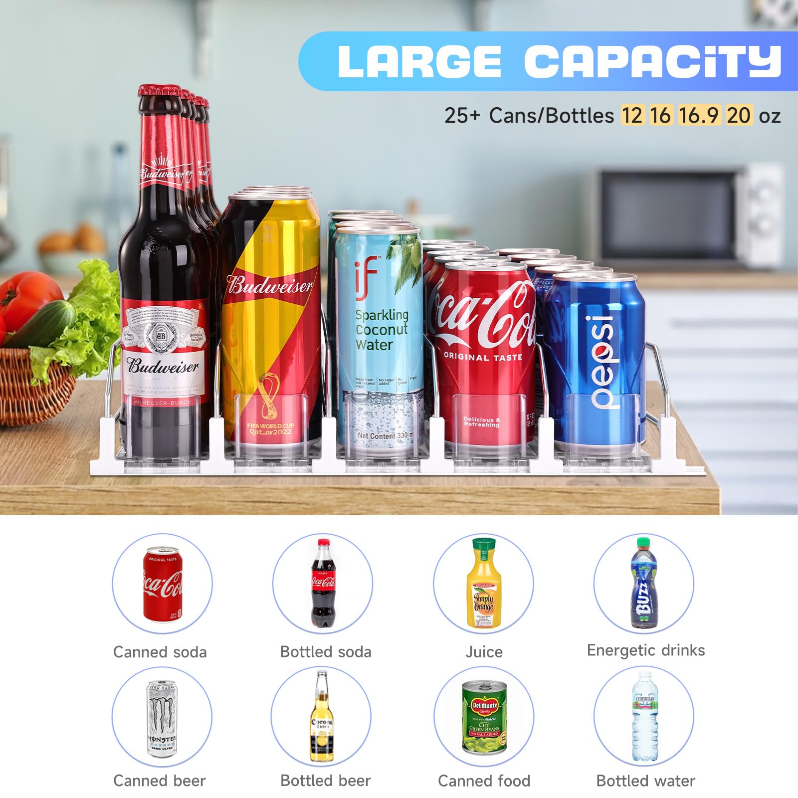 Upgrade Drink Organizer for Fridge, LAKIX Self-Sliding soda Can Dispenser for Refrigerator and Adjustable Width, 12oz to 20oz holds 50+ Cans (White + Black)