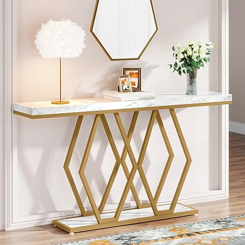 Tribesigns Console Table for Entryway Living Room, 55 Inch Gold Entryway Table Modern Accent Table for Hallway Entrance Foyer (Gold White)