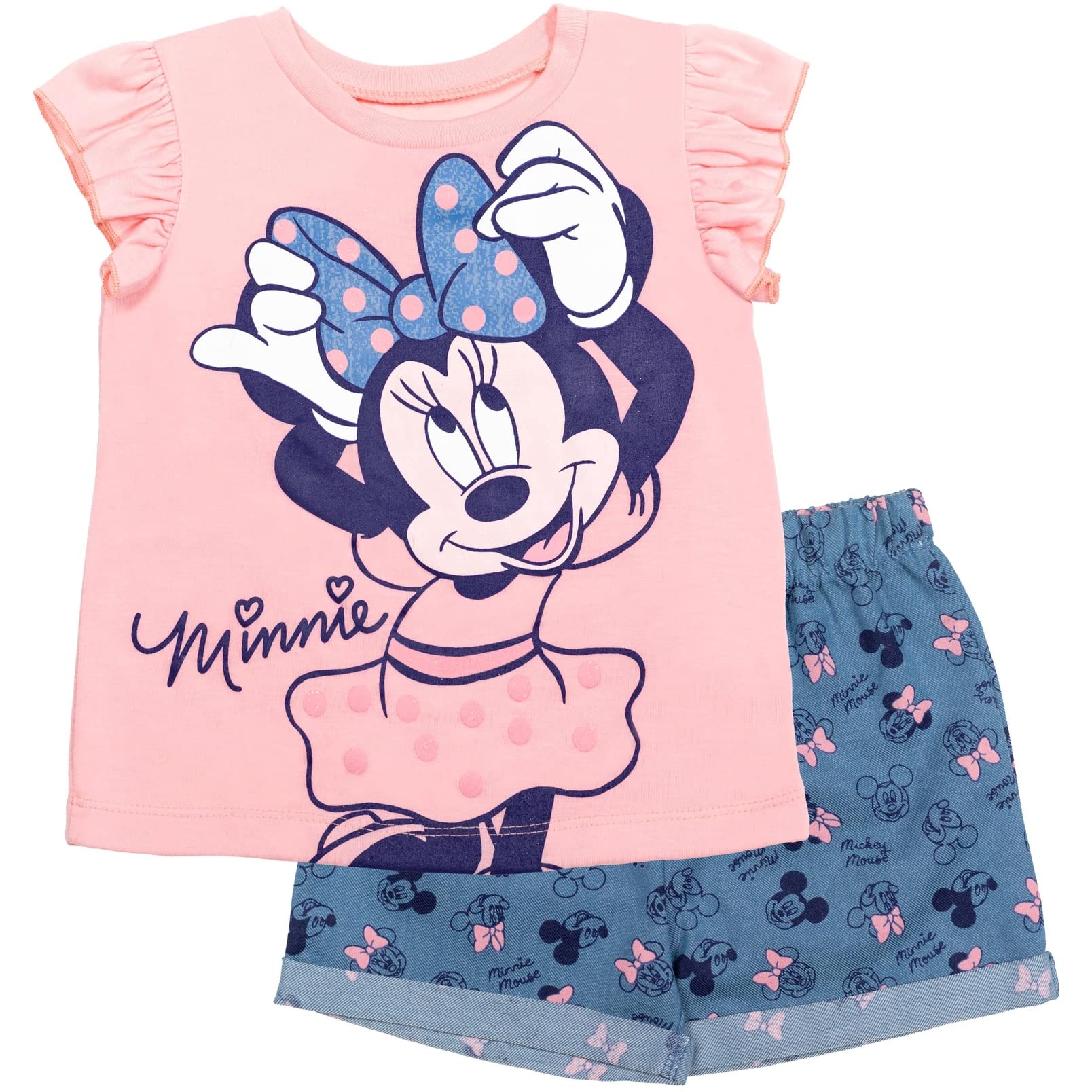 Disney Minnie Mouse Little Girls Graphic T-Shirt and Shorts Outfit Set Light Pink/Light Blue 6